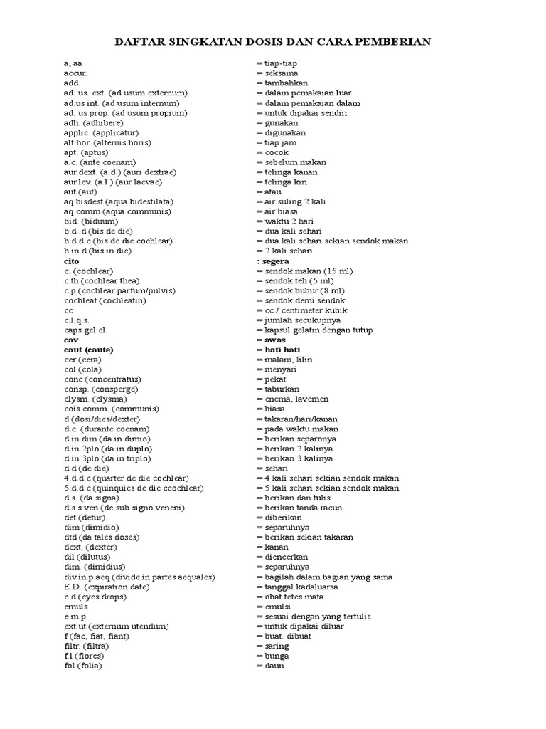 Daftar Singkatan Dosis Dan Cara Pemberian | PDF