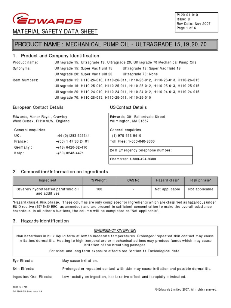 Msds - Mechanical Pump Oil - Ultragrade 15,19,20,70 - en | PDF ...