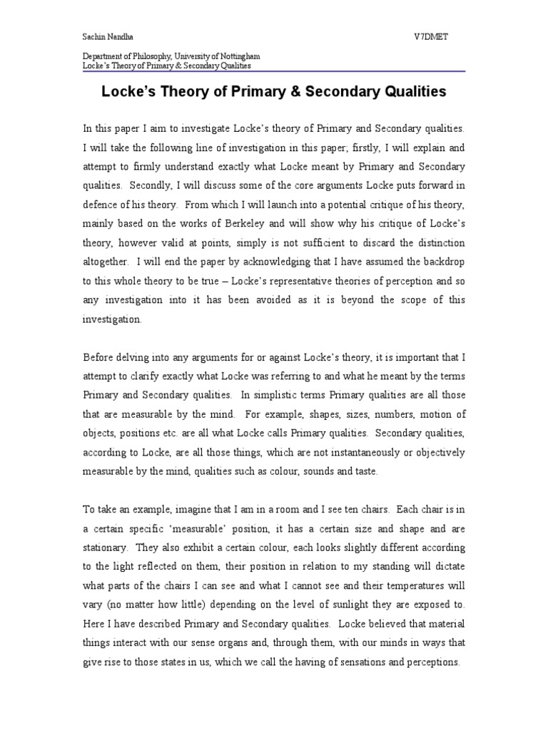 Locke's Primary & Secondary Qualities | PDF | Idea | John Locke