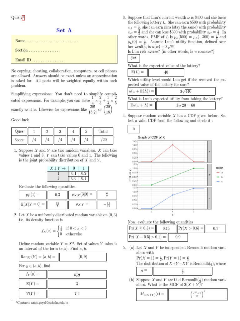 Quiz 2 Solution | PDF | Random Variable | Probability Density Function