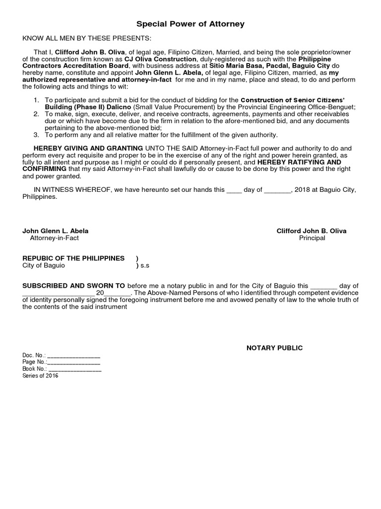SPA For Bidding | PDF | Power Of Attorney | Notary Public