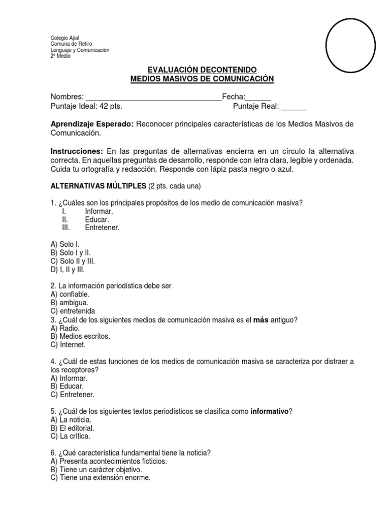 Prueba MMC 2 Medio | PDF | Medios de comunicación) | Comunicación