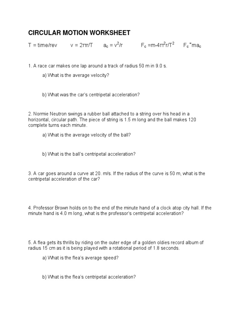 Circular Motion Worksheet | PDF