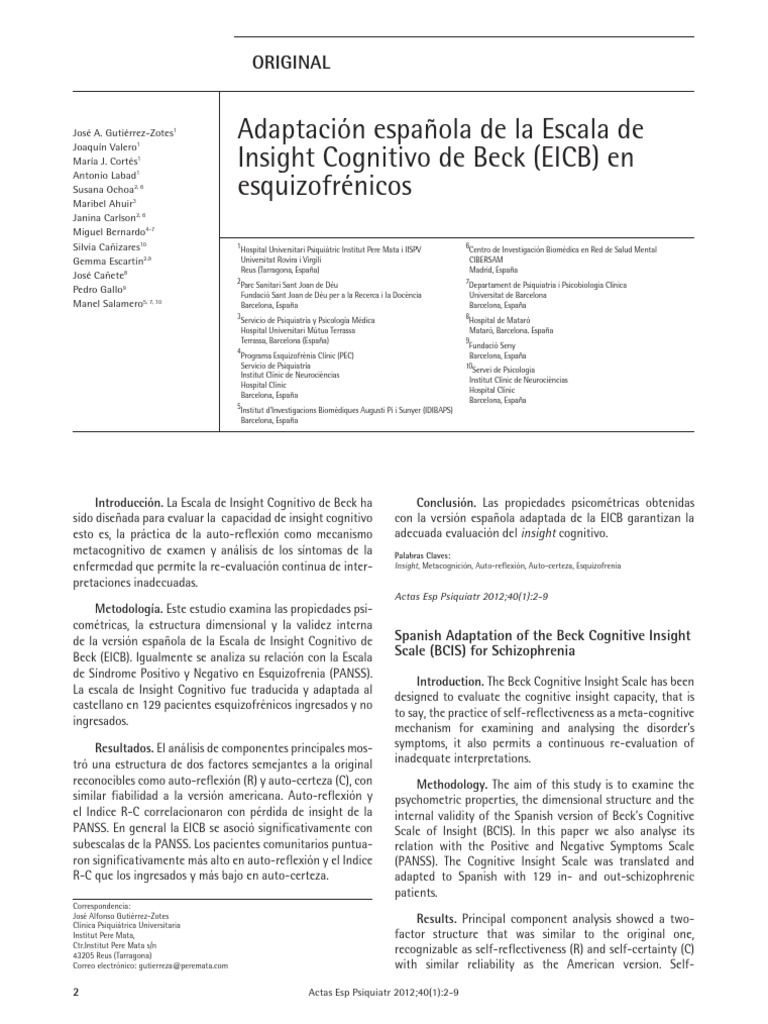 Escal Beck Insight Validez PDF | PDF | Esquizofrenia | Trastorno mental