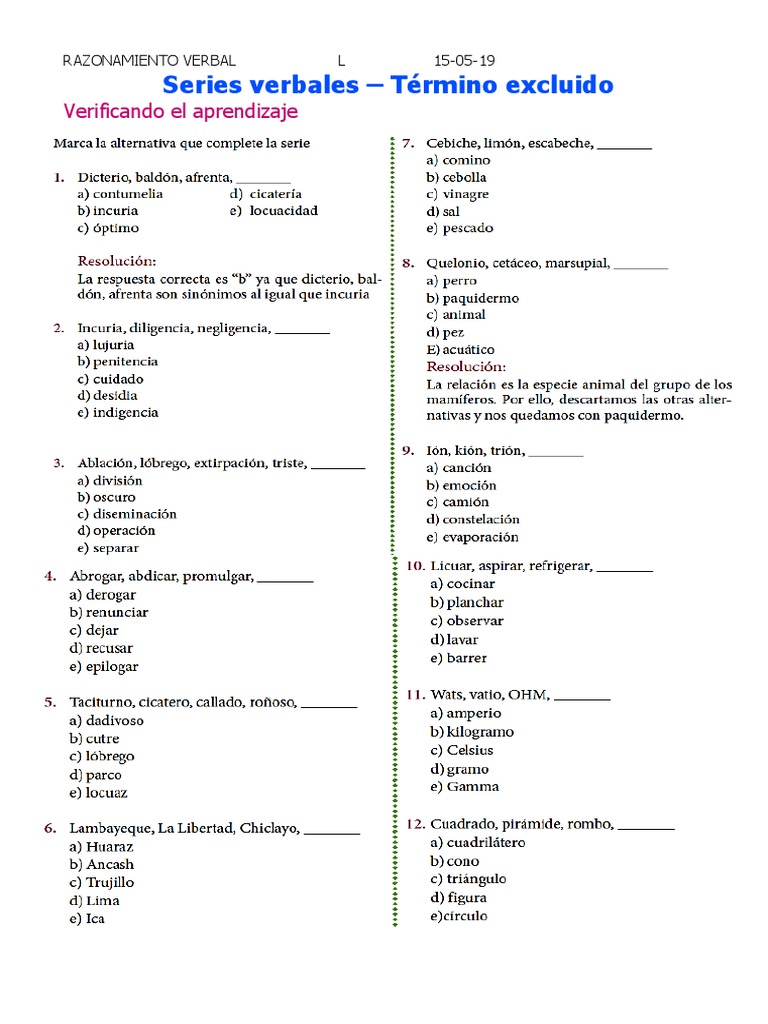 Razonamiento Verbal Quinto de Secundaria 15-05-19 | PDF