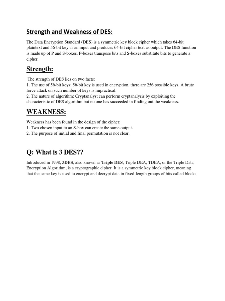 Strengths and Weaknesses of DES Encryption Standard | PDF