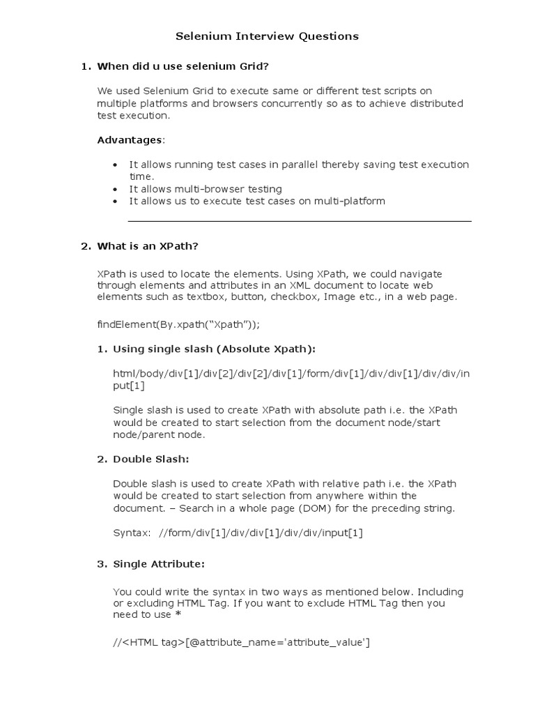 Interview Questions Selenium | PDF | X Path | Html Element
