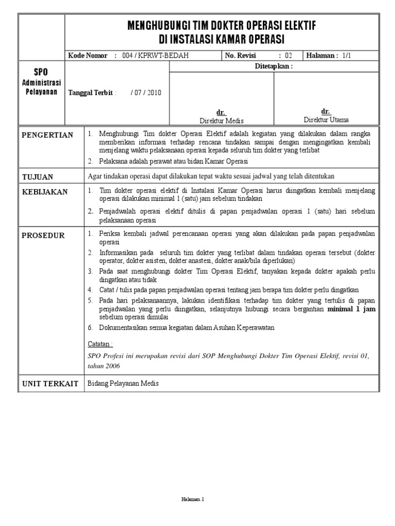 Menghubungi Tim Dokter Operasi Elektif Di Instalasi Kamar Operasi (Rev ...