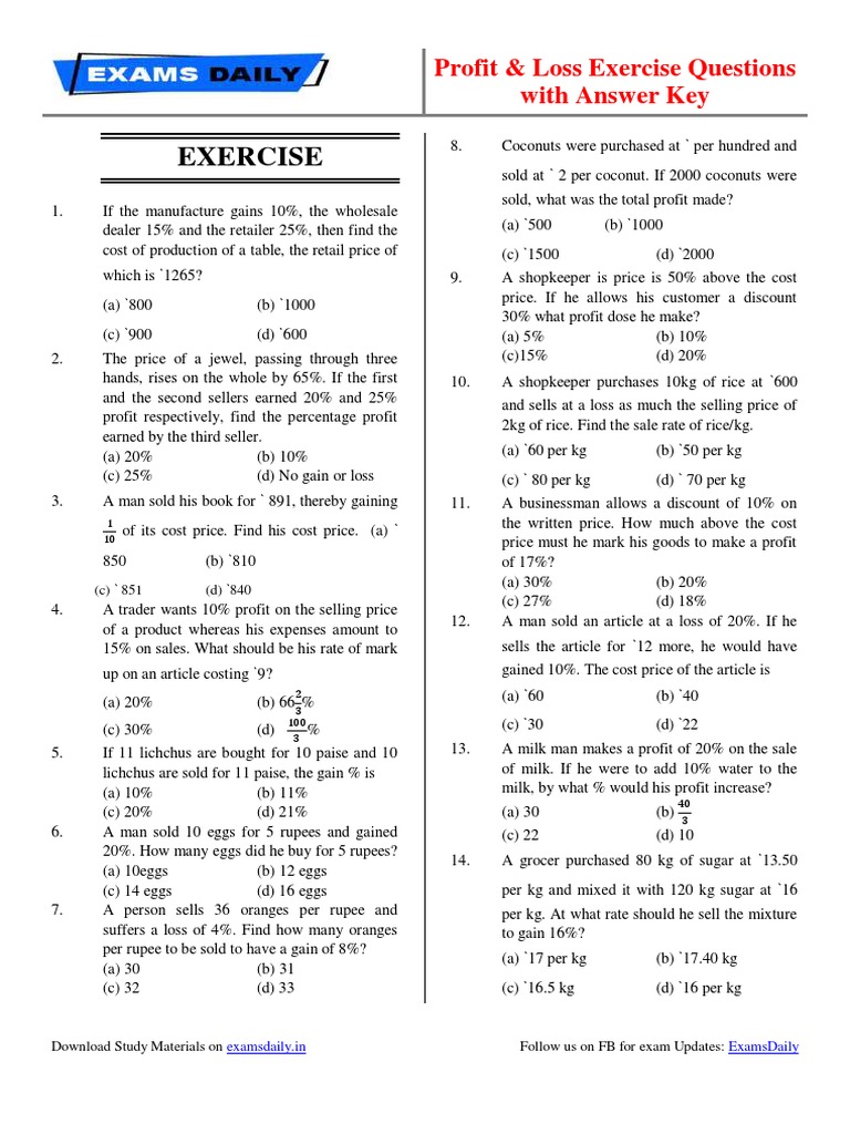 Profit and Loss Questions with Answers | PDF | Retail | Prices