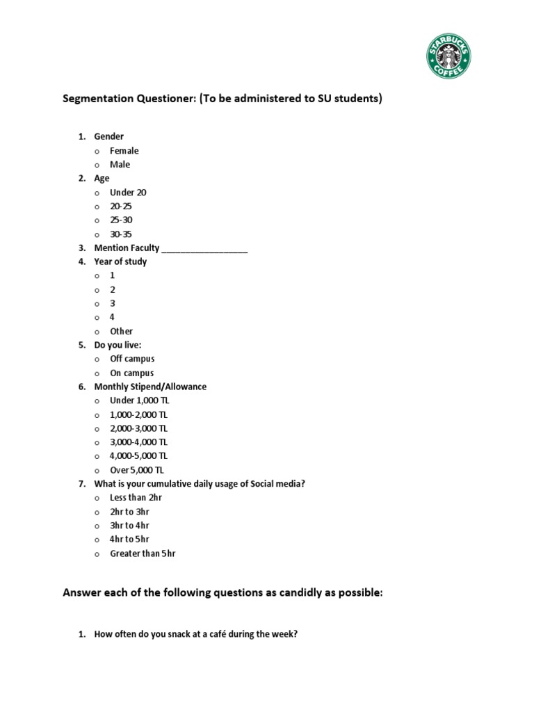 Sample Survey For Starbucks - v1.0 | PDF | Drink | Foods