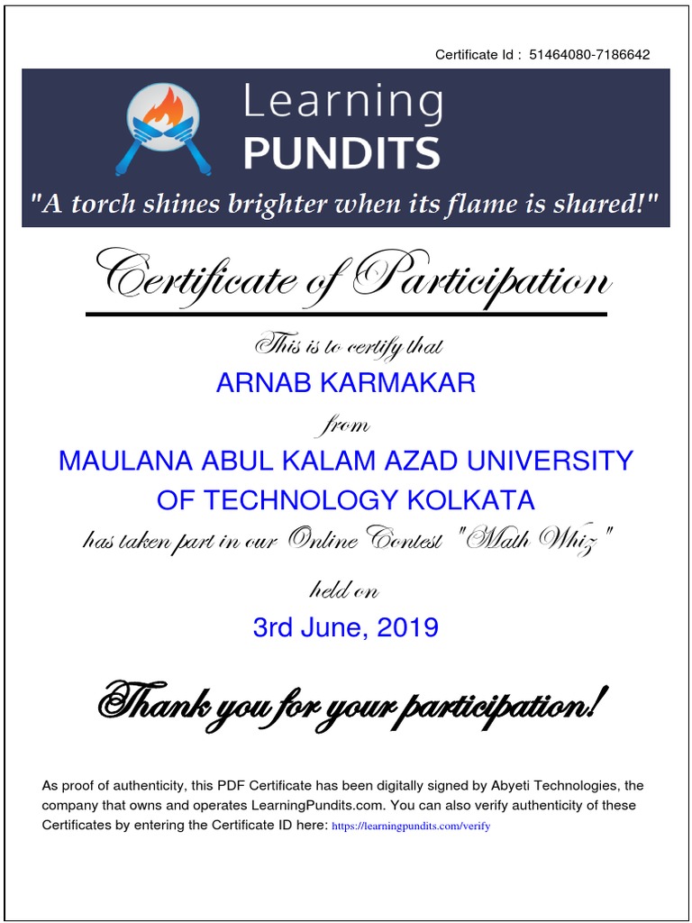 Math Whiz Contest Participation Certificate | PDF | Business