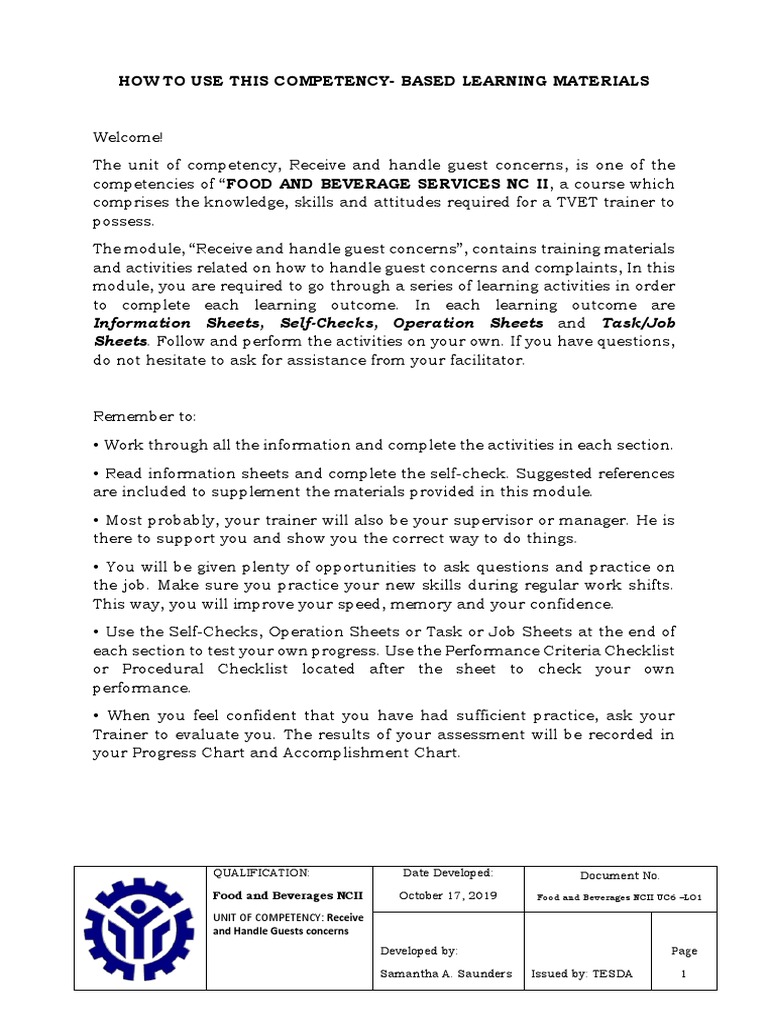 CBLM 1 | PDF | Restaurants | Competence (Human Resources)