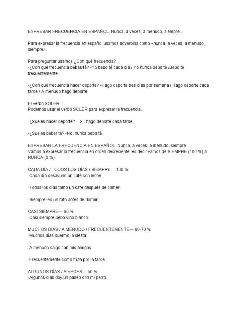 Expresar Frecuencia en Español. Nunca, A Veces, A Menudo, Siempre | PDF