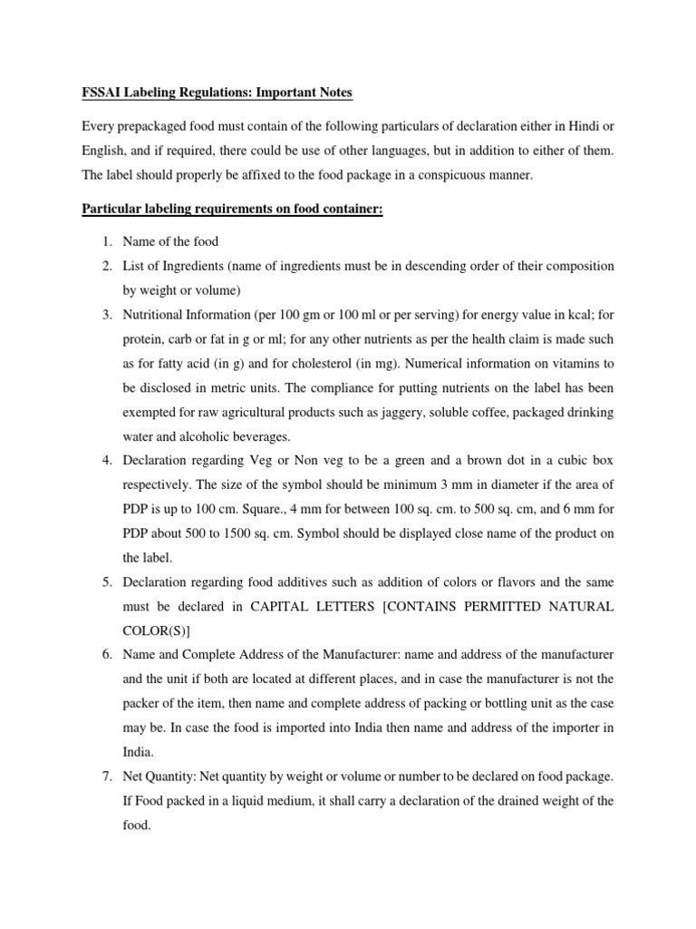FSSAI Labeling Regulations | PDF | Measurement | Weight