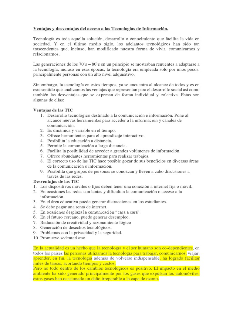 Ventajas y Desventajas Del Acceso A Las Tecnologías de Información ...