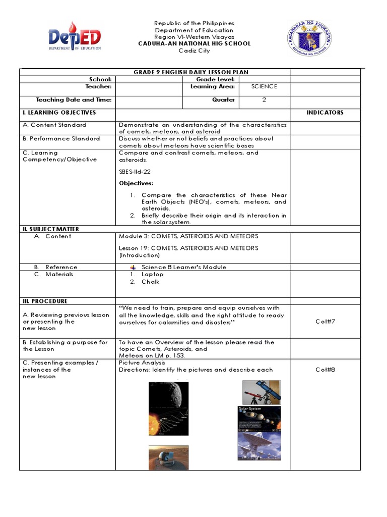 Science 8 Lesson Plan (Meteroids) | PDF | Meteoroid | Asteroid