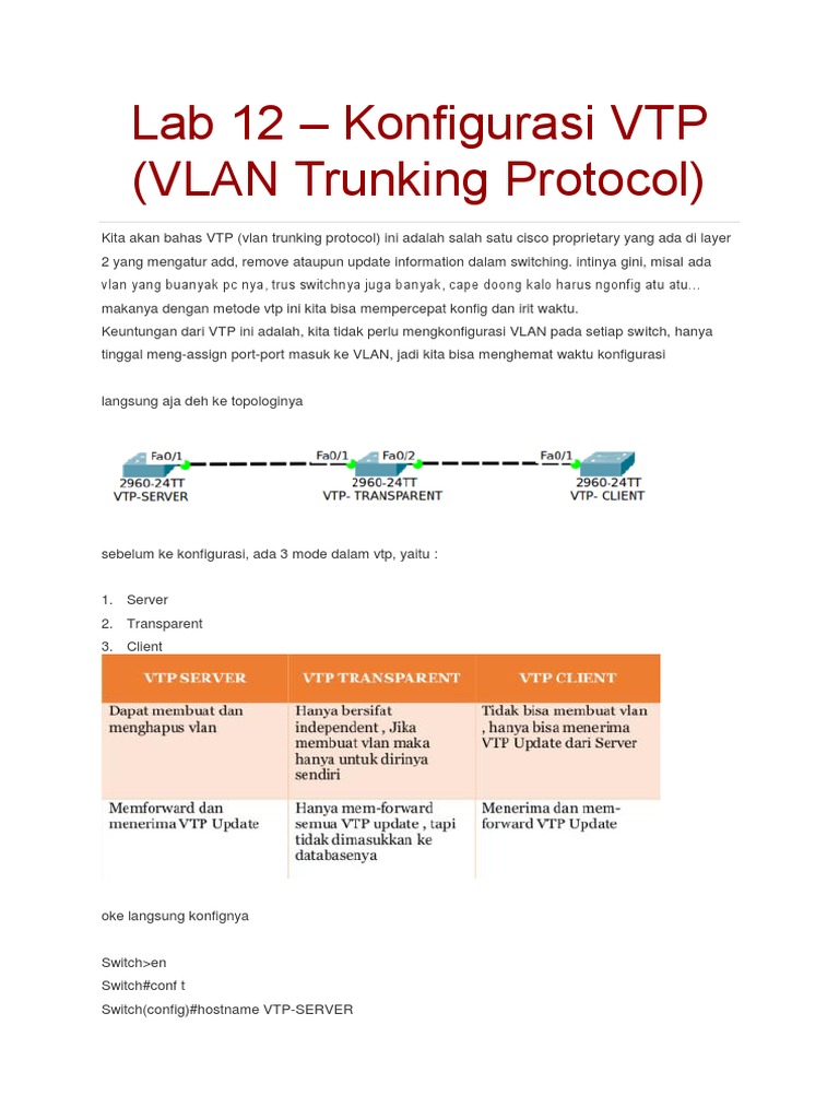 Cara Membuat VLAN (Konfigurasi VTP) Di Cisco Packet Tracer | PDF