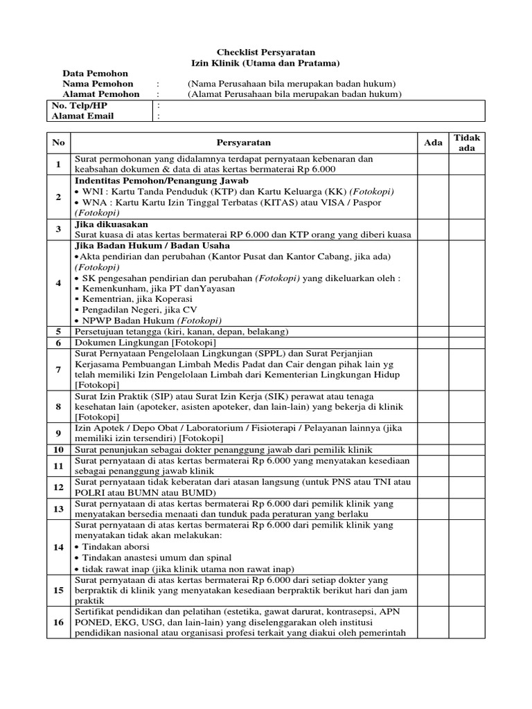 Checklist Persyaratan IZIN KLINIK | PDF | Hukum