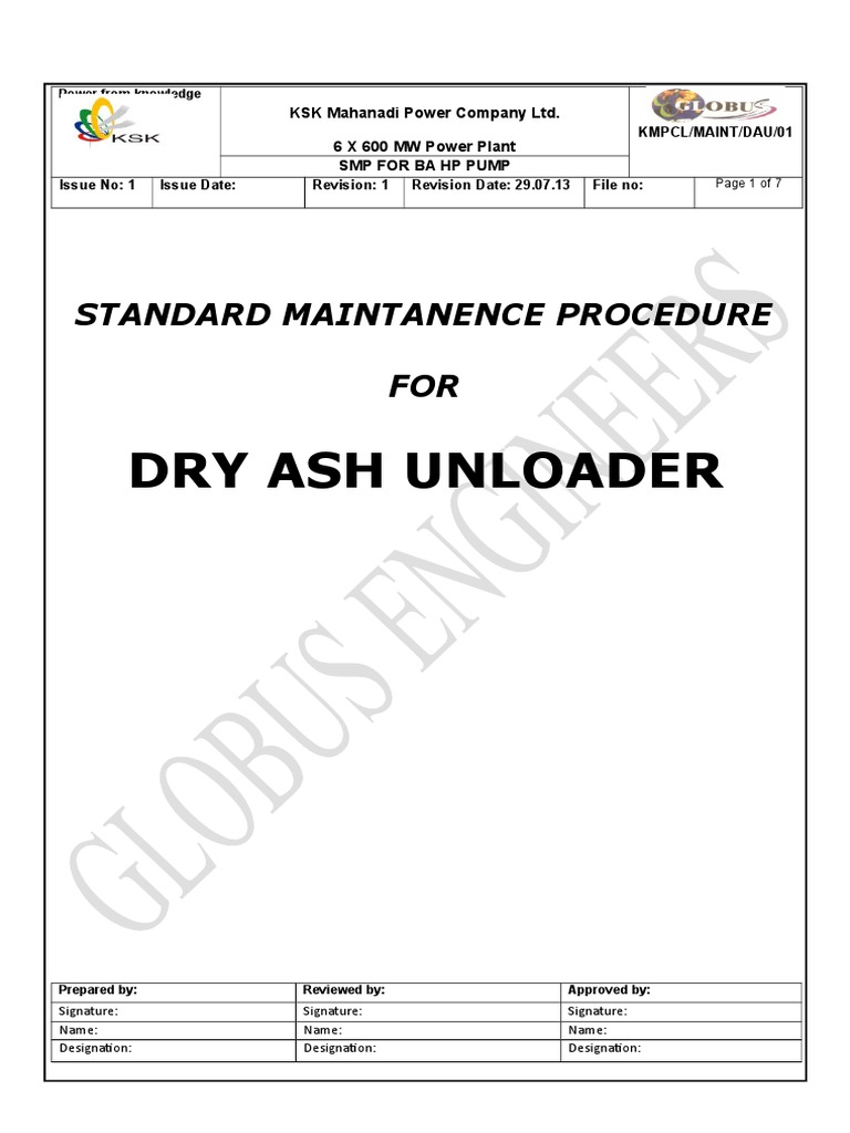 SMP For Dry Ash Unloader | PDF | Mechanical Engineering | Manufactured ...