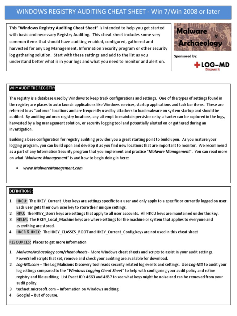 Windows Registry Auditing Cheat Sheet Ver Nov 2017 | PDF | Windows Registry | Microsoft Windows