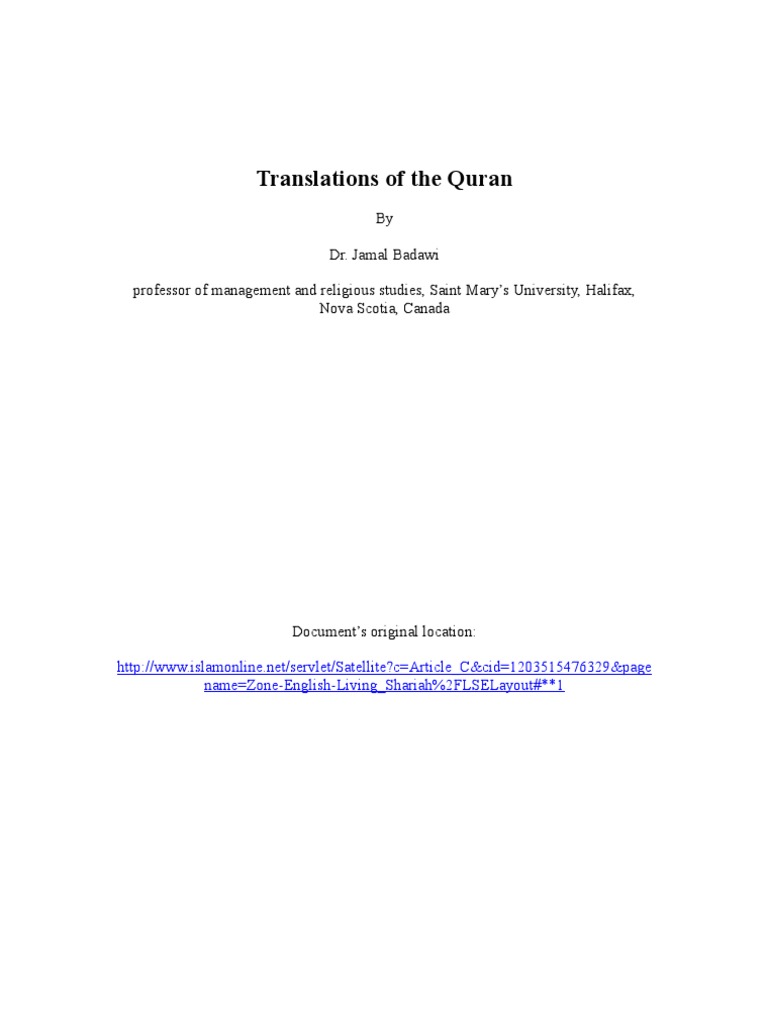 Translations of The Quran - Dr. Jamal Badawi | PDF | Quran | Islam