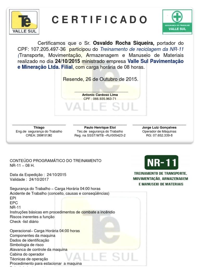 Certificado NR 11 | PDF