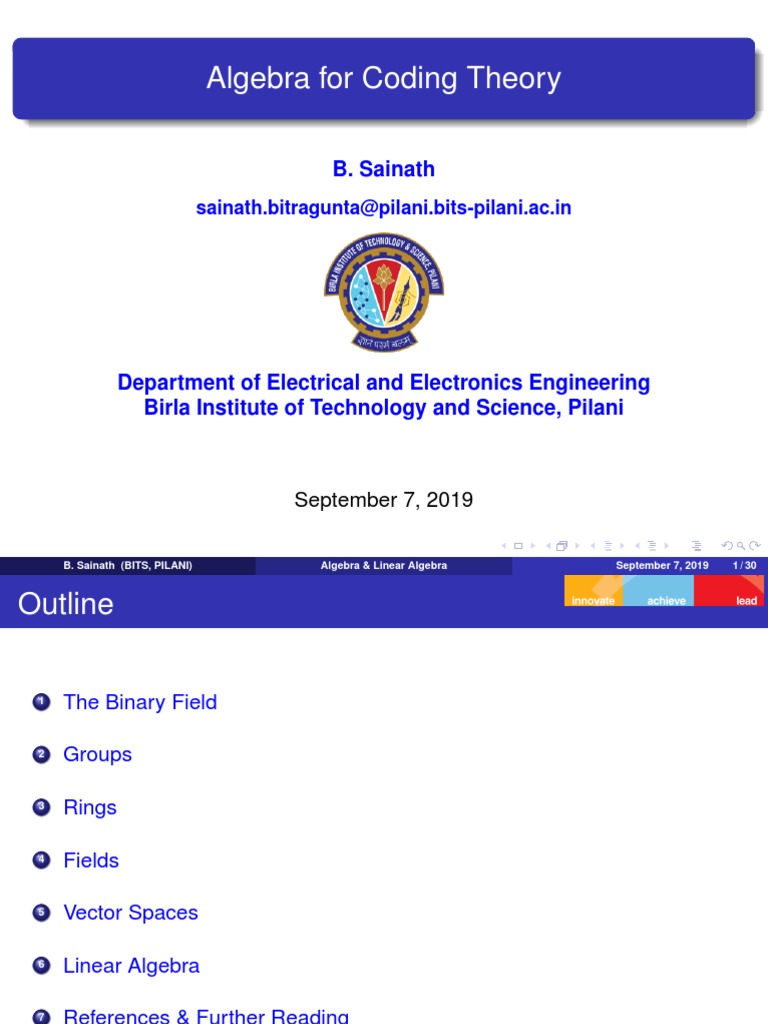 Slides On Algebra of Coding Theory | PDF | Field (Mathematics) | Ring ...