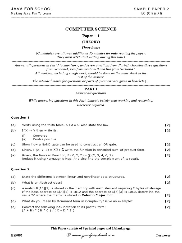Computer Science ISC Sample Paper 2 PDF | PDF | Constructor (Object Oriented Programming ...