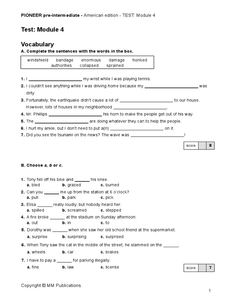Pioneer Pre Intermediate Tests Module 4 | PDF