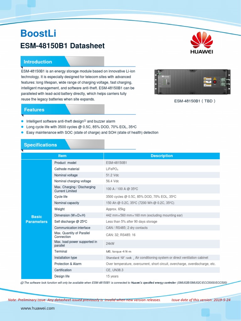 Huawei BoostLi ESM-48150B1 Datasheet - (20190524) | PDF | Electrical Engineering | Electricity