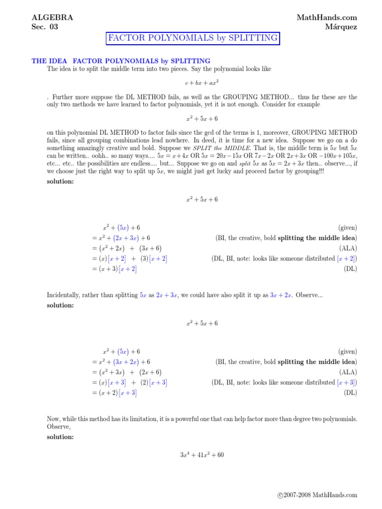 Splitting Middle Term - Quadratics | PDF | Factorization | Theoretical Computer Science