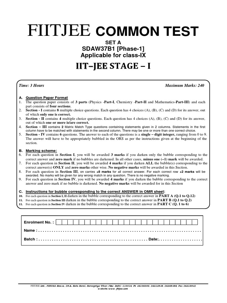 FIITJEE Sample Paper Class 9 PDF | PDF | Liquids | Velocity