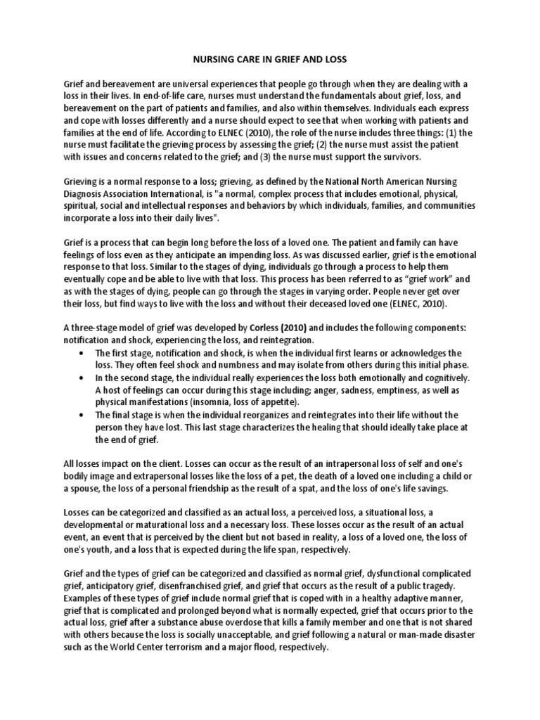 Nursing Care In Grief And Loss Pdf Grief Palliative Care