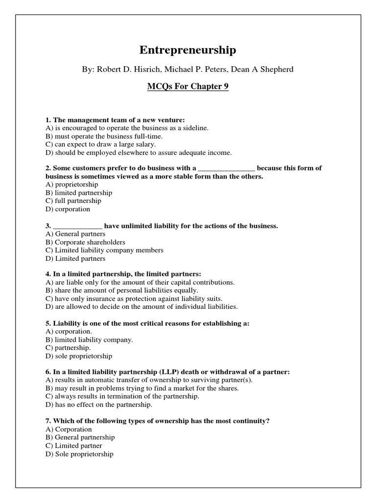 Entrepreneurship Chapter 9 MCQs | PDF | S Corporation | Partnership