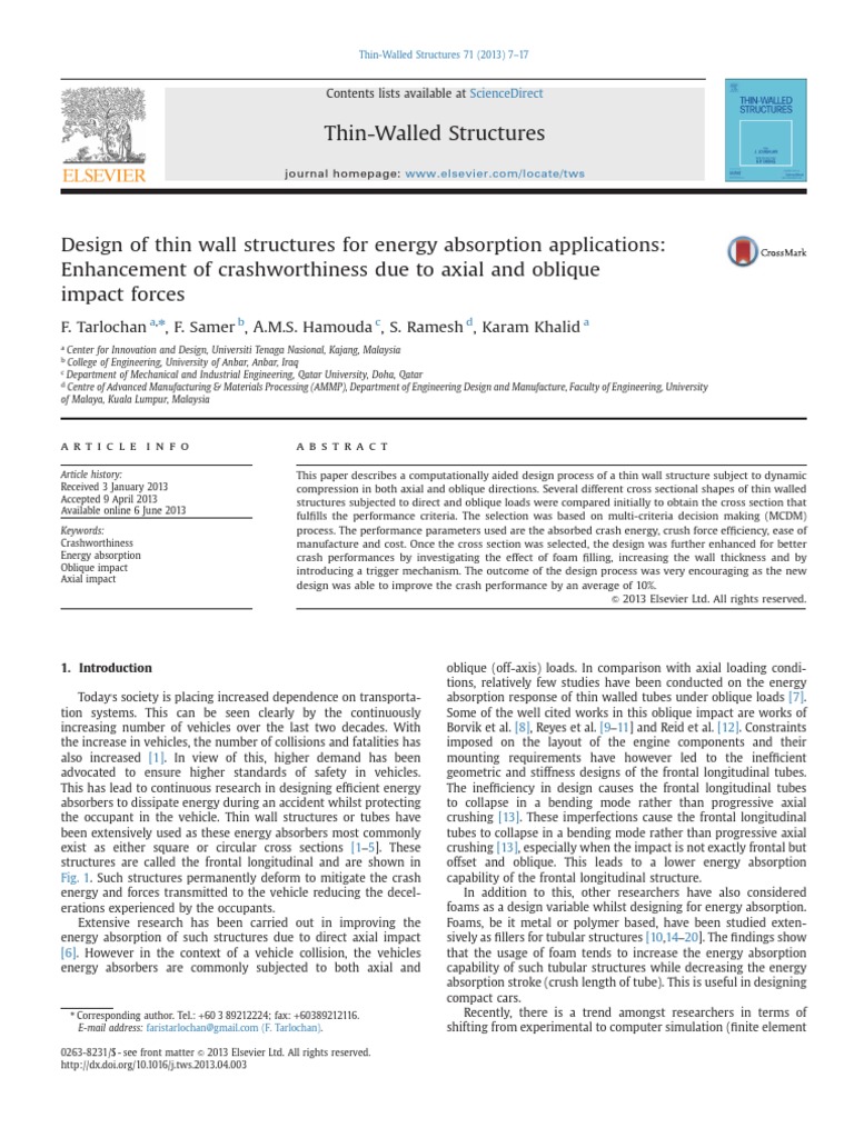 Design of Thin Wall Structures For Energy Absorption Applications Enhancement of Crushworthiness ...