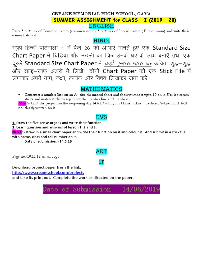 Summer Assignment Class 1 | PDF