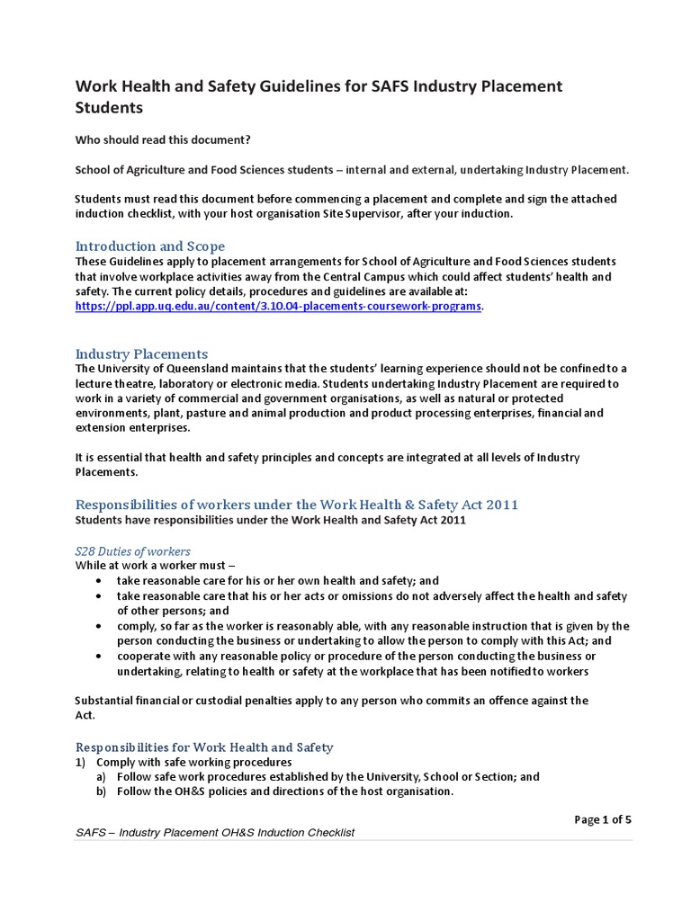 Work Health and Safety Guidelines For SAFS Industry Placement Students ...