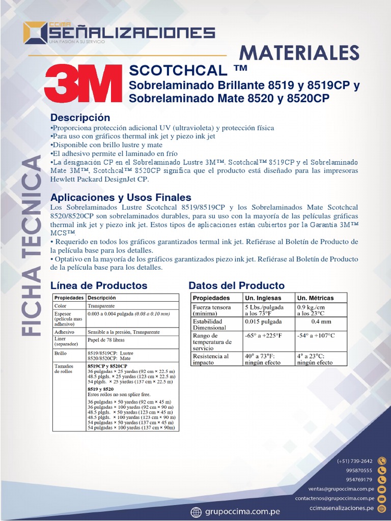 Ficha - Tecnica - SOBRELAMINADO - 3M 8519-8520 - SCOTCHCAL™ | PDF