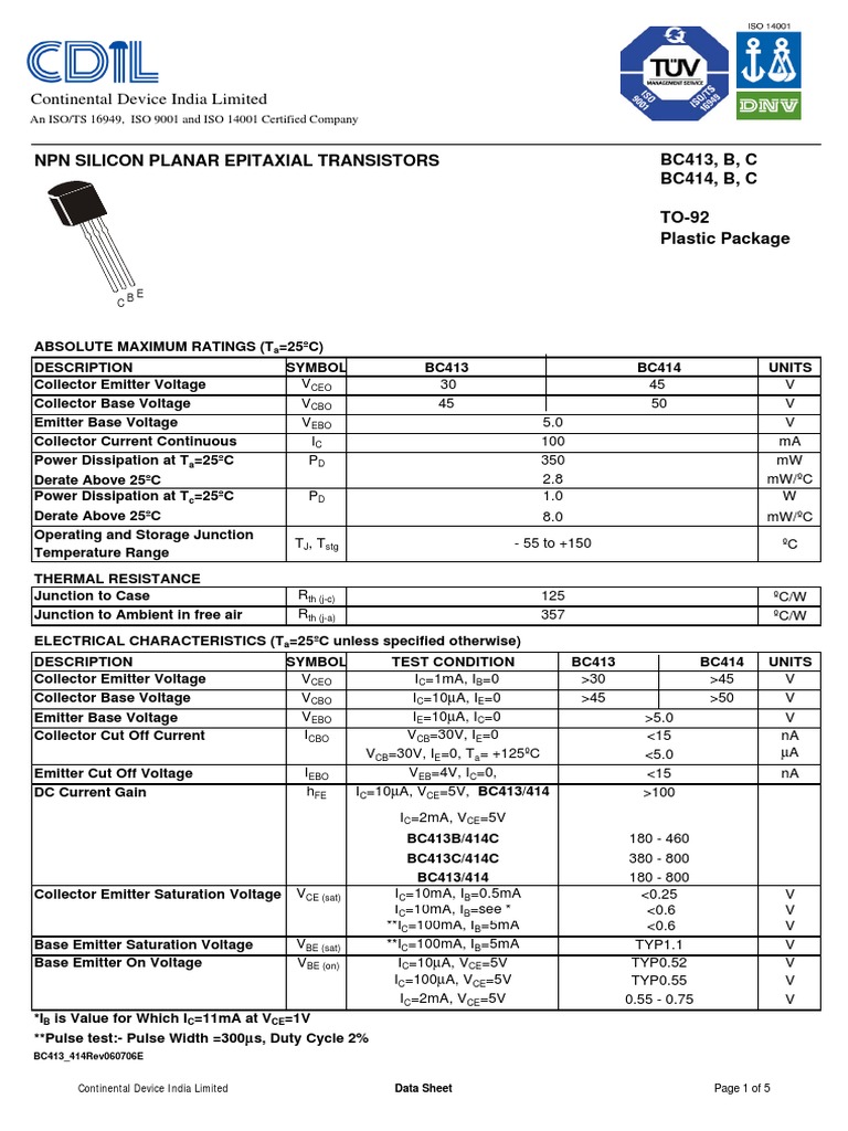 bc413 bc414 B C | PDF | Bipolar Junction Transistor | Electronics