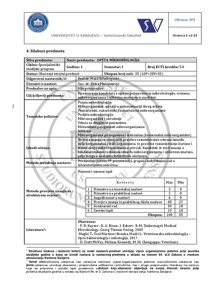 Obrazac-SP2 KLINIČKA MIKROBIOLOGIJA | PDF