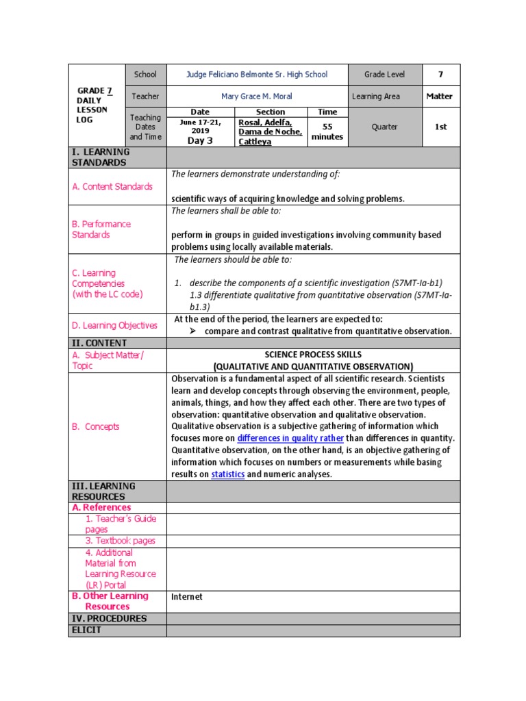 GRADE 7 DLL Science Process Skills | PDF | Quantitative Research ...