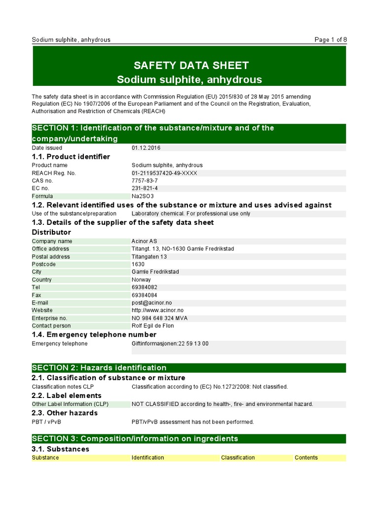 Safety Data Sheet Sodium Sulphite Anhydrous PDF | PDF | Dangerous Goods ...
