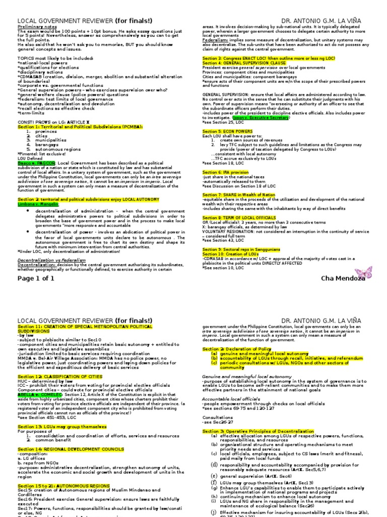 Finals Reviewer Loc Gov | PDF | Eminent Domain | Devolution