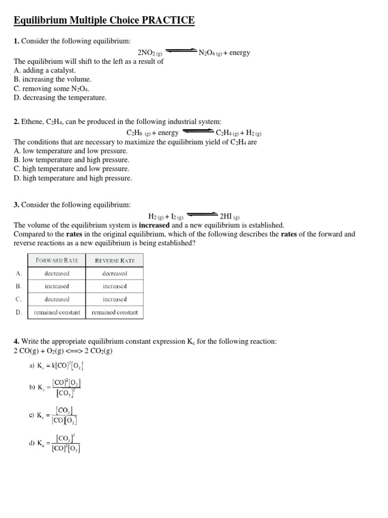 Equilibrium Practice Exam (multiple choice) with answers.pdf | Chemical ...