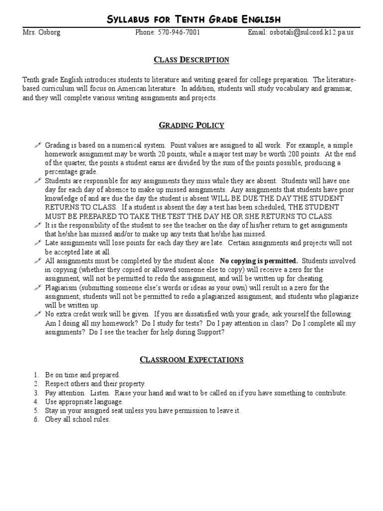 Tenth Grade English Syllabus | PDF | Homework | Education Theory