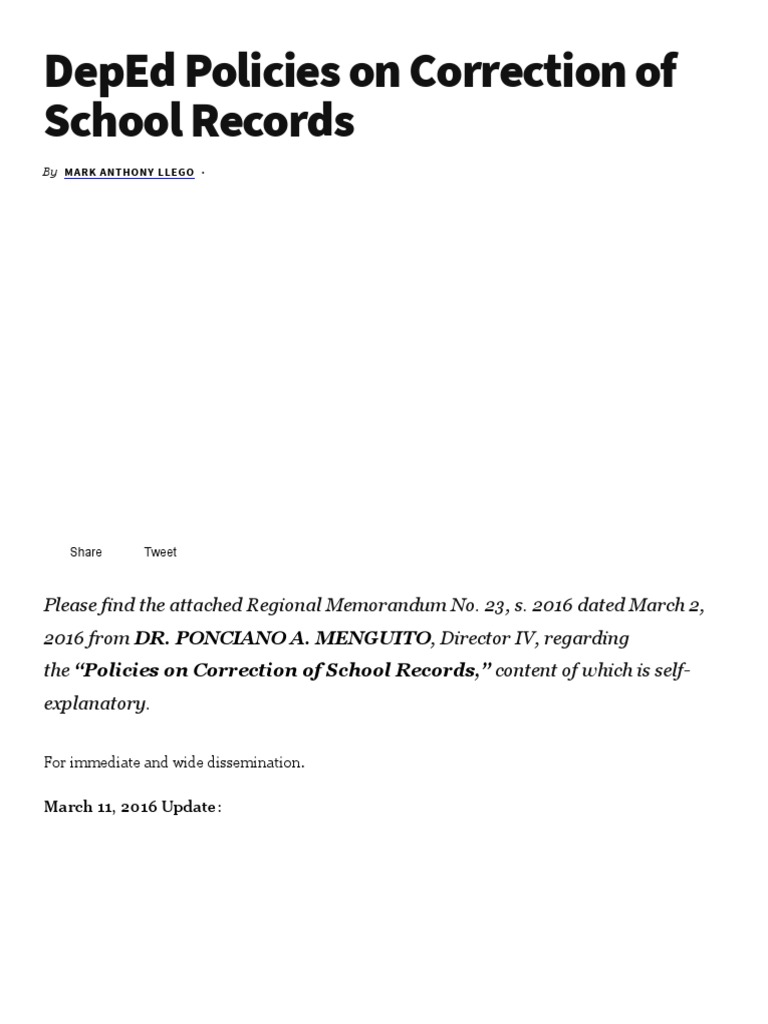 DepEd Policies On Correction of School Records - TeacherPH | PDF ... DepEd Policies On Correction of School Records - TeacherPH | PDF ...