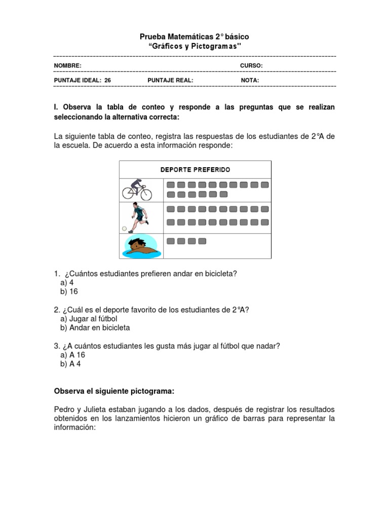 Prueba Matematicas 2° Tablas de Conteo. Pictogramas y Gráficos | PDF ...