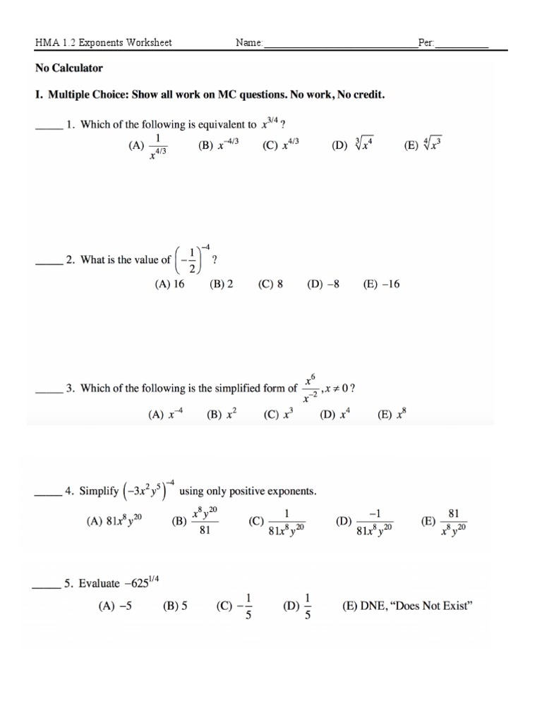 HMA 1 2 Exponents Worksheet | PDF