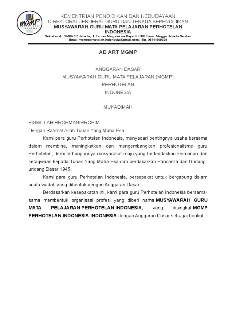 AD/ART MGMP Perhotelan Indonesia | PDF | Karier & Perkembangan | Bisnis