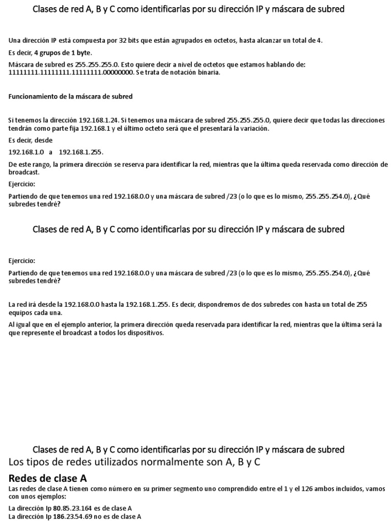 Clases de Red A, B y C | PDF | Dirección IP | Protocolos de internet